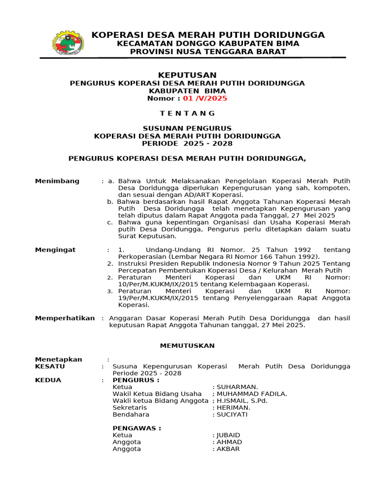 SK Pengurus Dan Pengawas Kopdes Mp-1 | PDF