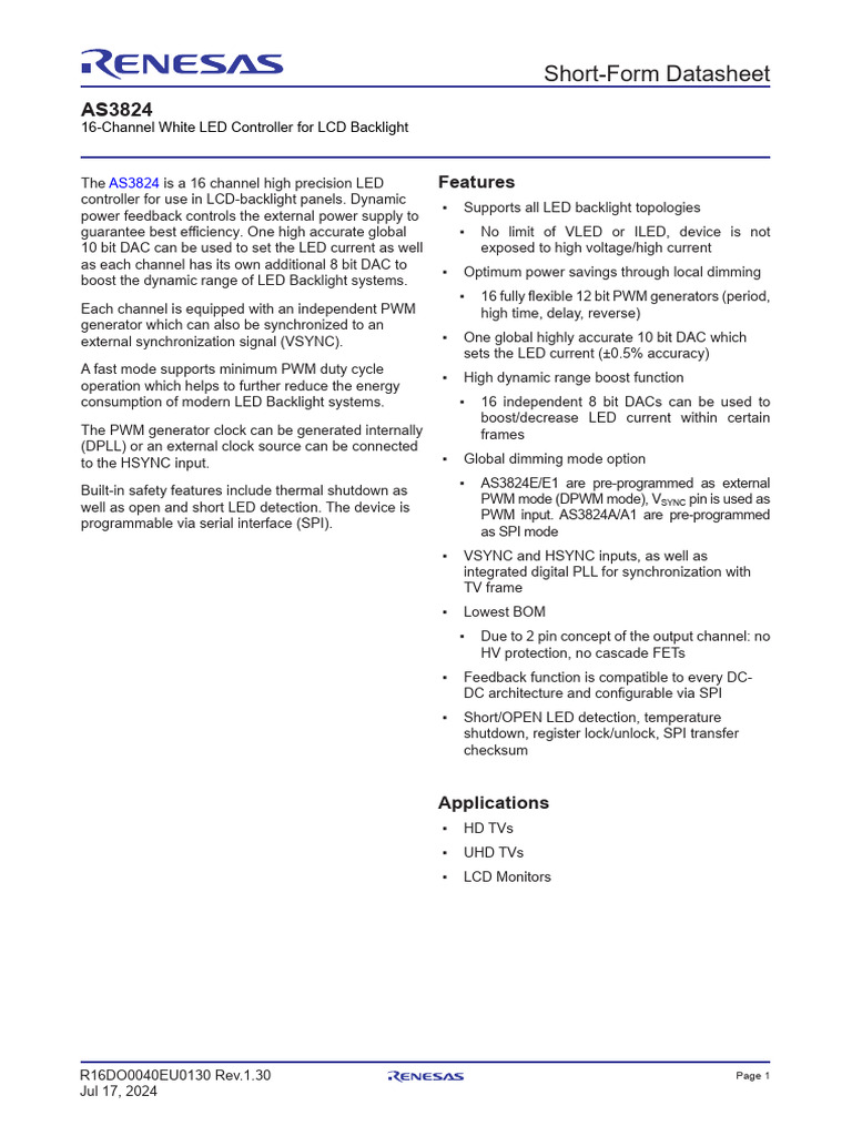 REN AS3824 Datasheet Short-Form SDS 20240716 | PDF | Backlight | Light Emitting Diode