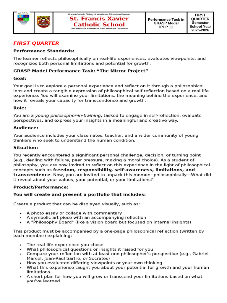 1st Quarter Performance Task in Grasp Model For Grade 11 | PDF | Experience | Thought
