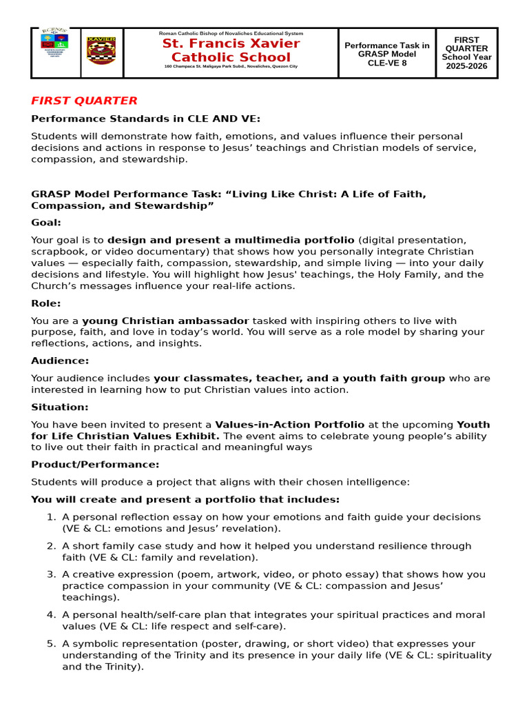 1st Quarter Performance Task in Grasp Model For Grade 8 | PDF | Faith ...