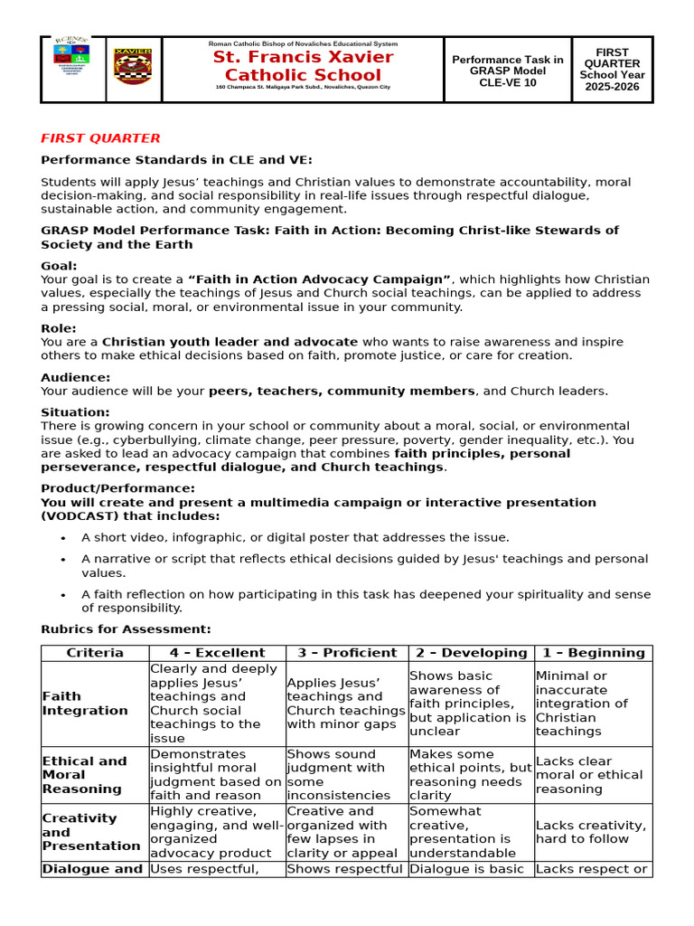 1st Quarter Performance Task in Grasp Model For Grade 10 | PDF | Faith ...