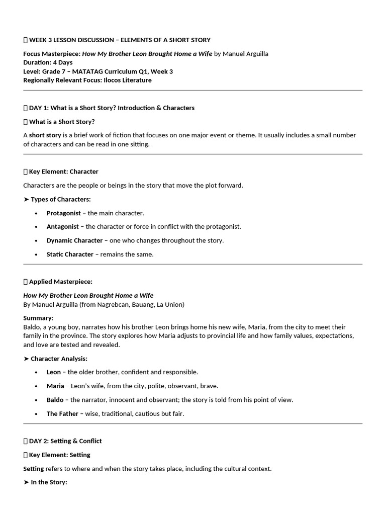 Grade 7 Short Story Elements Lesson | PDF | Narration | Prose