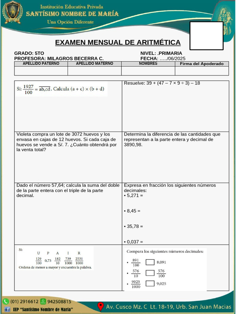 Examen Mensual de Aritmética 5to Grado | PDF