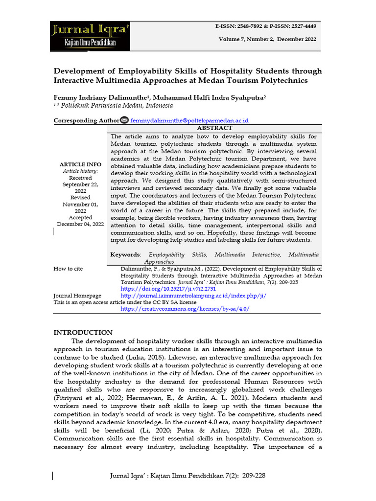 Development of Employability Skills of Hospitality Students Through ...