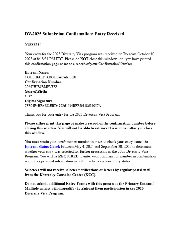 DV-2025 Entry Confirmation Details | PDF