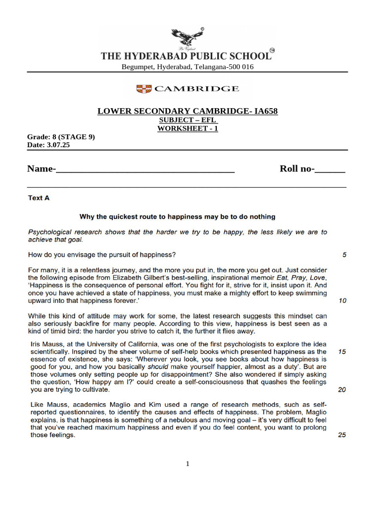 8th Grade Past Paper Worksheet - 1 (03.07.25) | PDF | Paragraph