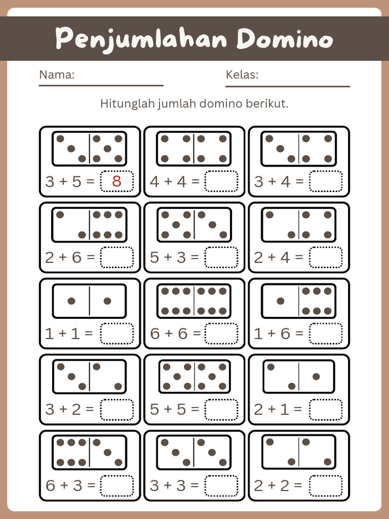 Coklat Sederhana Penjumlahan Domino Lembar Kerja Matematika - 20250525 ...