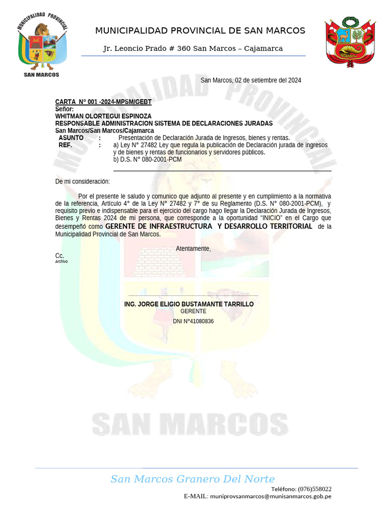 CARTA entrega GD INFRAESTRUCTURA | PDF