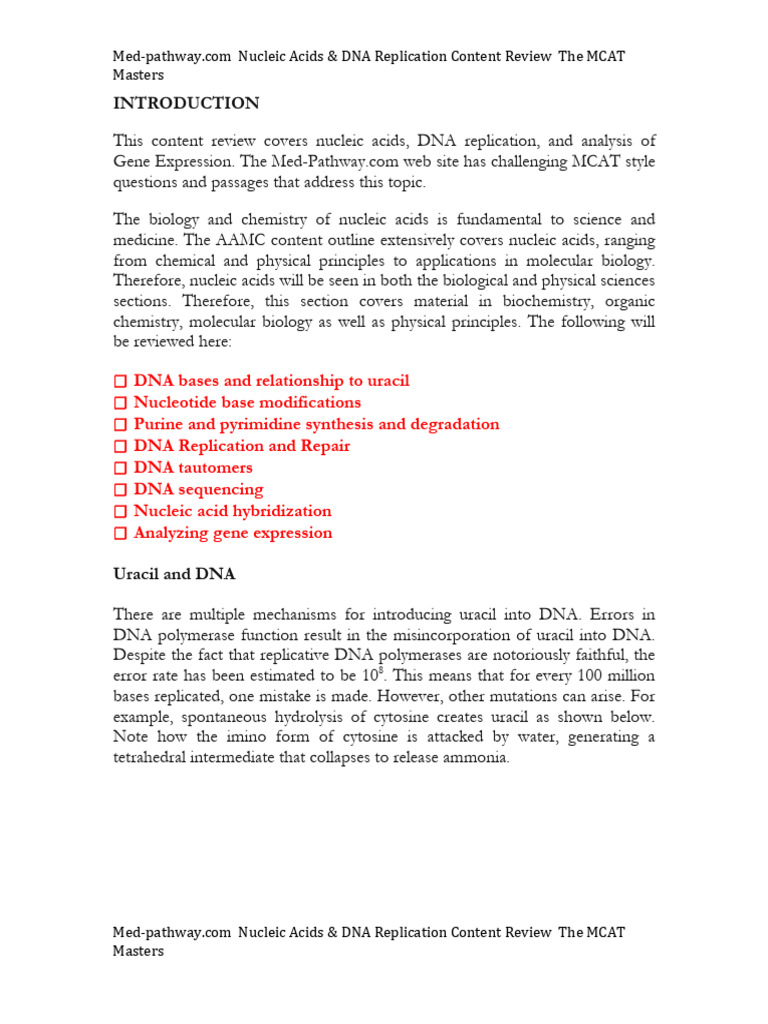 MCAT Nucleic Acids & DNA Replication Guide | PDF | Dna | Nucleotides