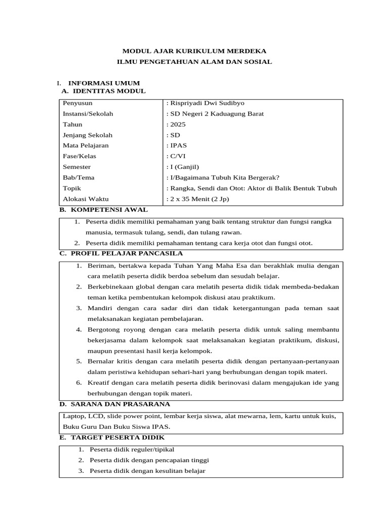 Modul Ajar Sistem Gerak Kelas 8 SD | PDF