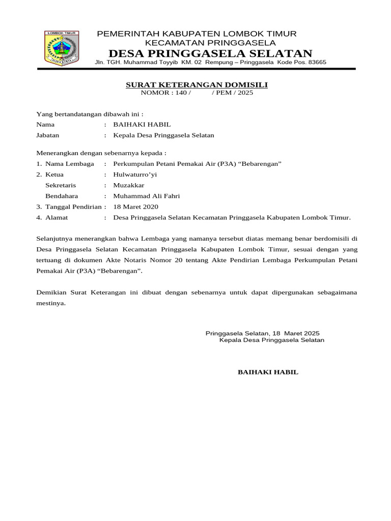Surat Keterangan Domisili P3A Bebarengan | PDF
