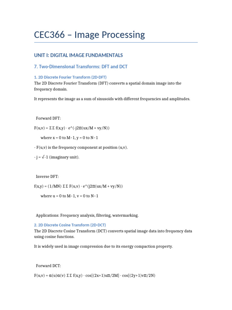DCT vs DFT in Image Processing | PDF