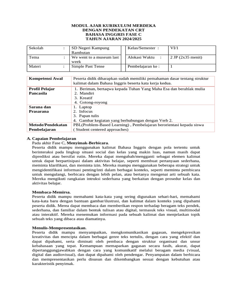 Modul Ajar Kurmet Bahasa Inggris Kelas VI SD Simple Past Tense ARNELDA ...