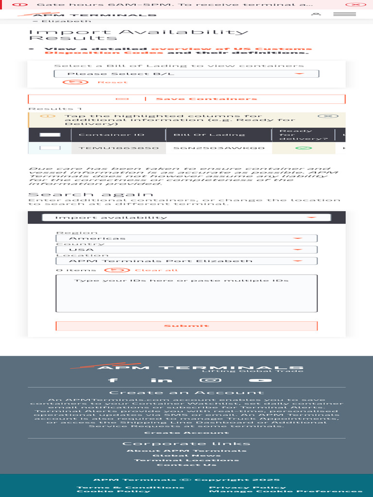 APM Terminals Elizabeth Import Status | PDF