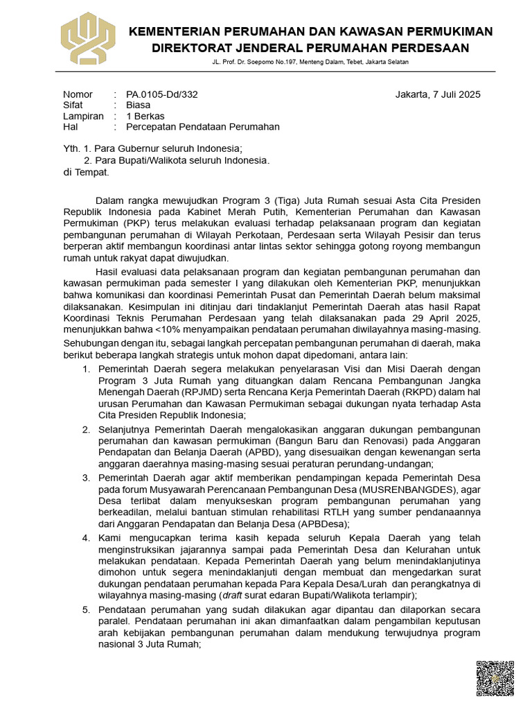 Surat Percepatan Pendataan Perumahan - Rev1 | PDF