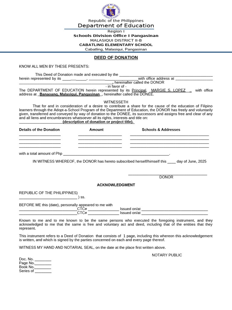 Deed of Donation for Education in Pangasinan | PDF | Civil Law (Common ...