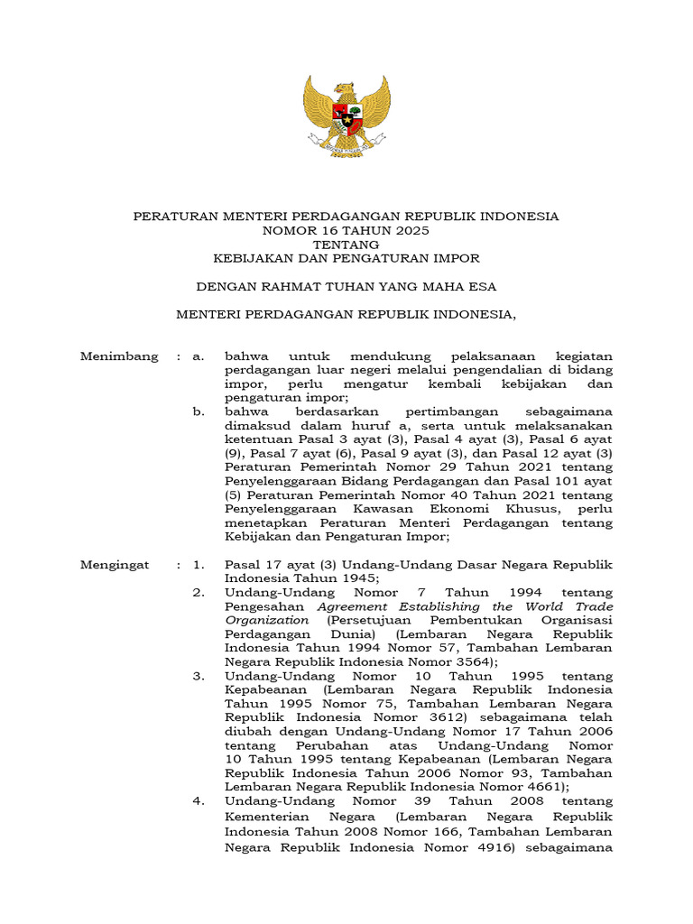 Permendag Nomor 16 Tahun 2025 Tentang Kebijakan Dan Pengaturan Impor | PDF