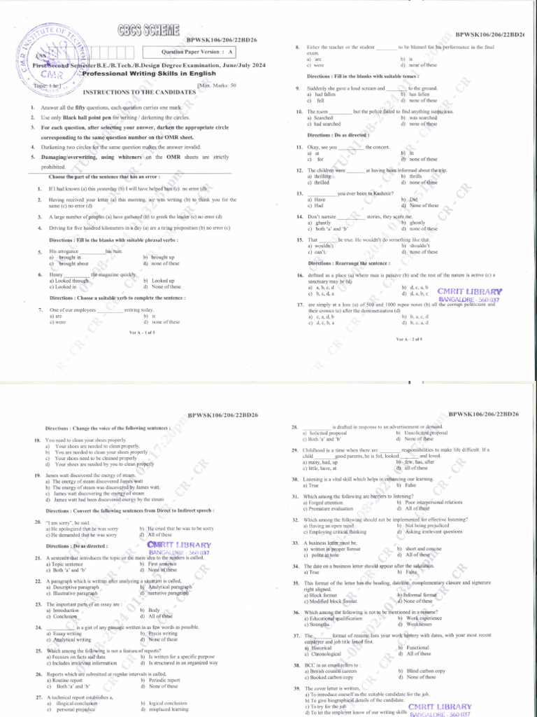 VTU Question Paper of BPWSK206 Professional Writing Skills in English ...