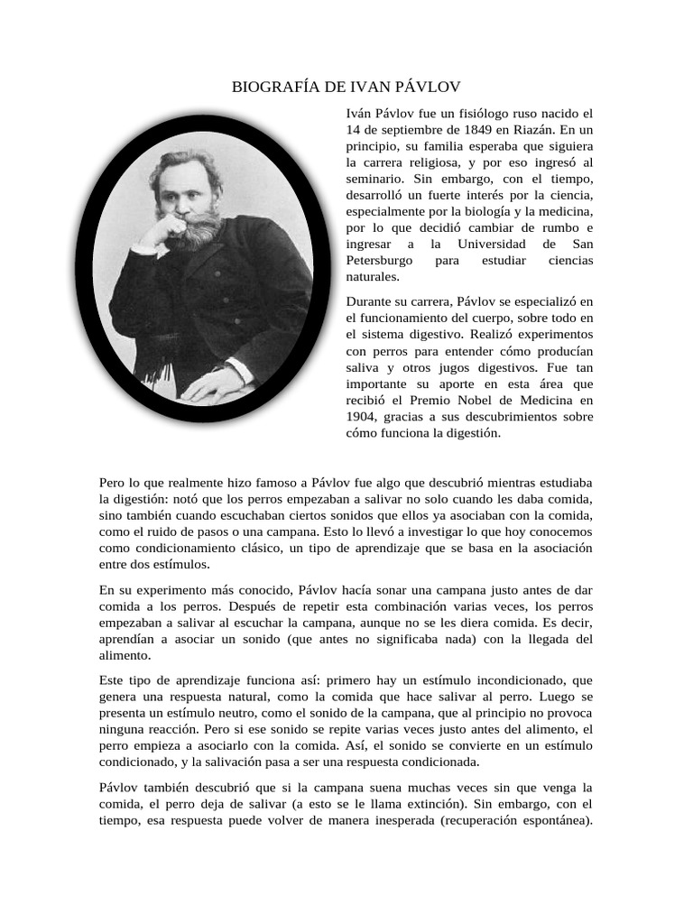 Biografía De Iván Pávlov Y Su Legado Pdf Condicionamiento Clásico
