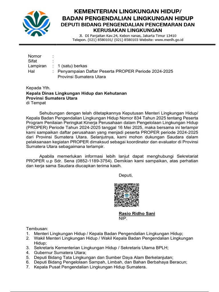 S 504 F F2 Penyampaian Daftar Peserta PROPER Periode 2024 - 2025 Povinsi Sumatera Utara | PDF