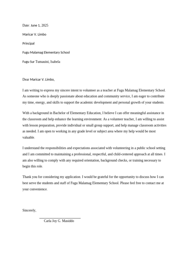 Volunteer Teacher Application Letter | PDF | Teachers | Learning