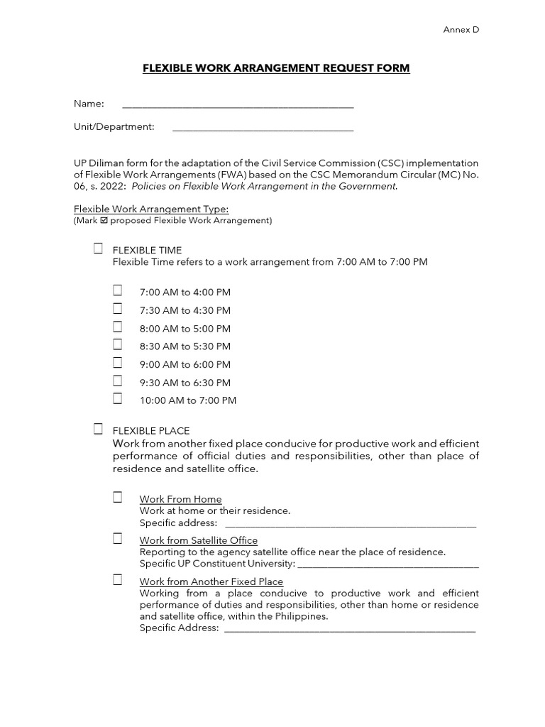 Flexible Work Arrangement Request Form | PDF | Workweek And Weekend | Labor