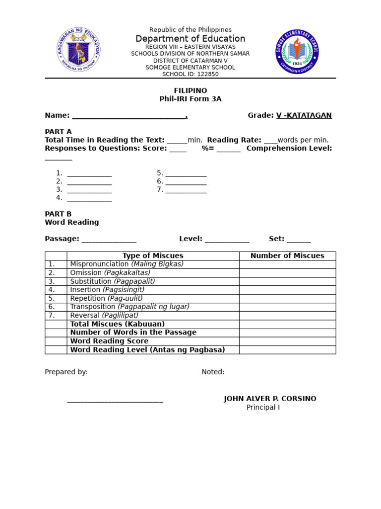 Phil-Iri Assessment Tools - Form 3a | PDF