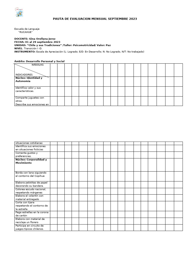 Pauta Evaluación Septiembre Prekinder 2023 | PDF