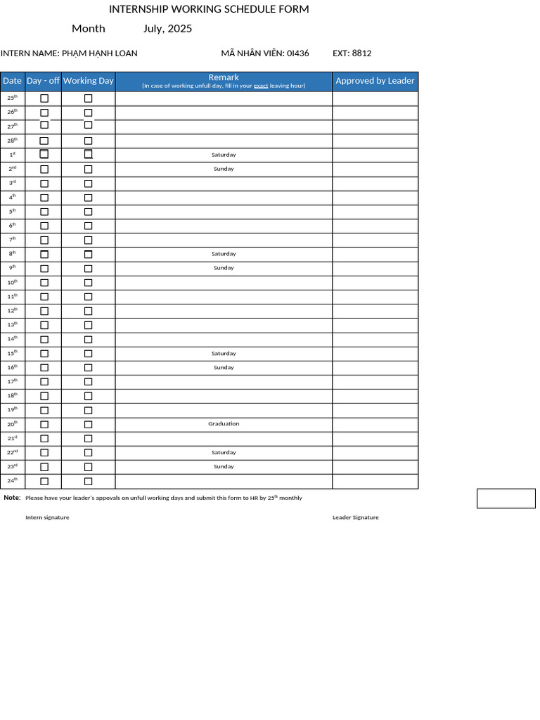 Intership Working Schedule Form - 03.2025 | PDF