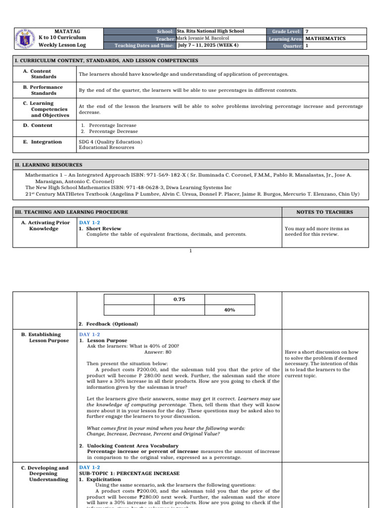 DLL Matatag - Math 7 q1 w4 | PDF | Percentage | Learning