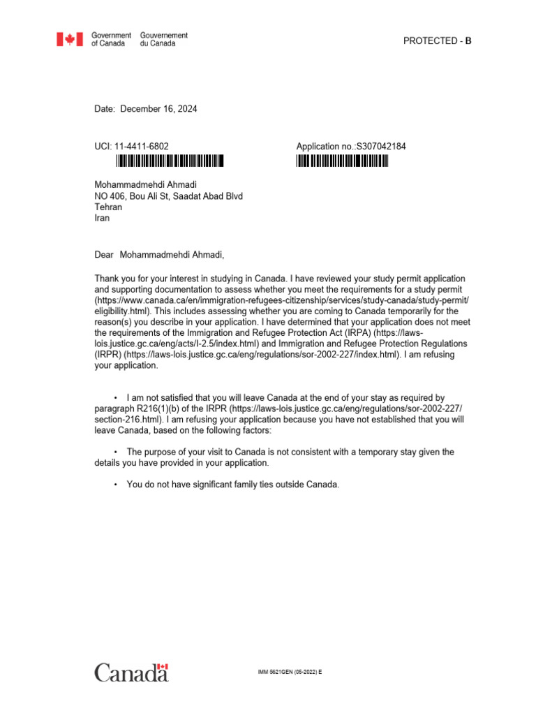 Study Permit Application Refusal Notice | PDF | Immigration Law | Justice