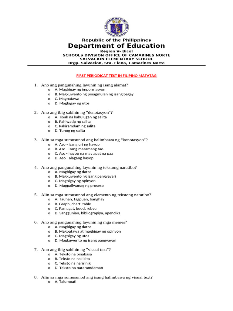 First Periodical Test Filipino | PDF