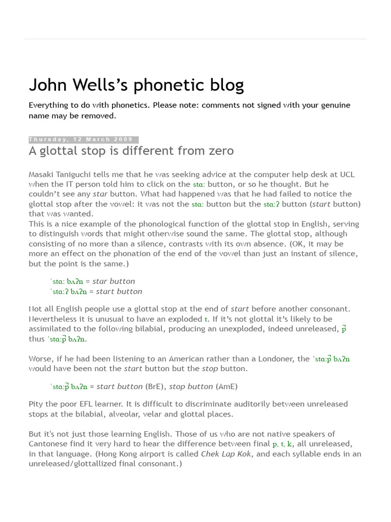 John Wells's Phonetic Blog - A Glottal Stop Is Different From Zero | PDF | Phonetics | English ...