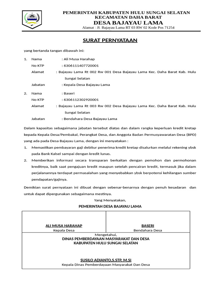 Surat Pernyataan Kredit Desa Bajayau Lama | PDF
