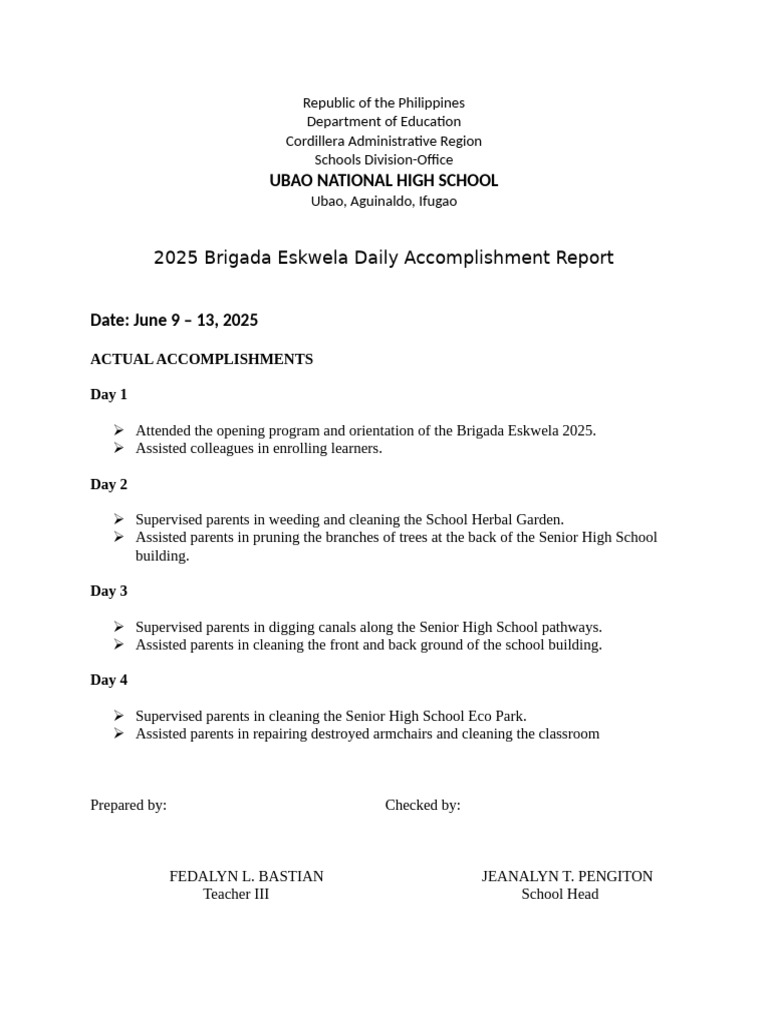 Accomplishment Report - Brigada | PDF