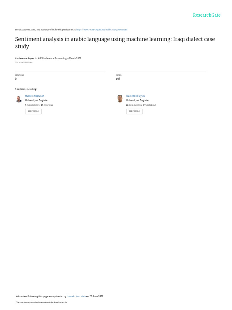 Sentiment Analysis in Arabic Language Using Machine Learning | PDF | Statistical Classification ...