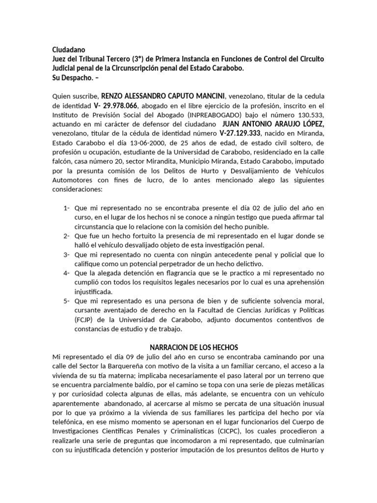 Escrito de Defenza Del Imputado1 | PDF | Mandato | Justicia