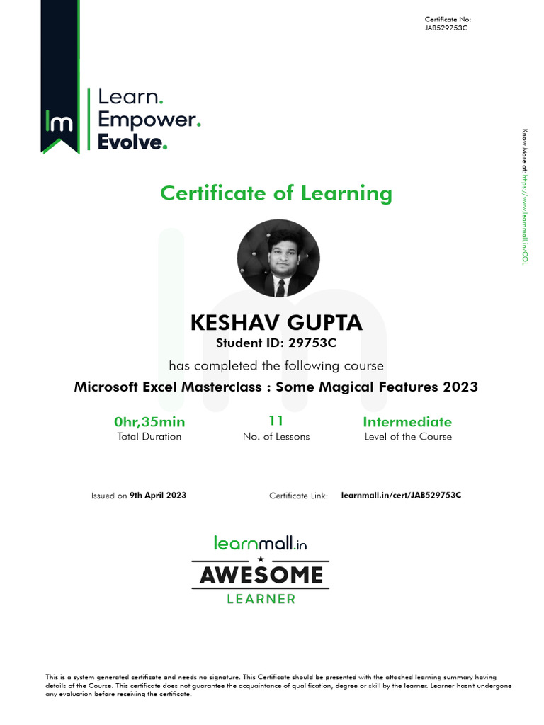 Microsoft Excel Masterclass Certificate | PDF