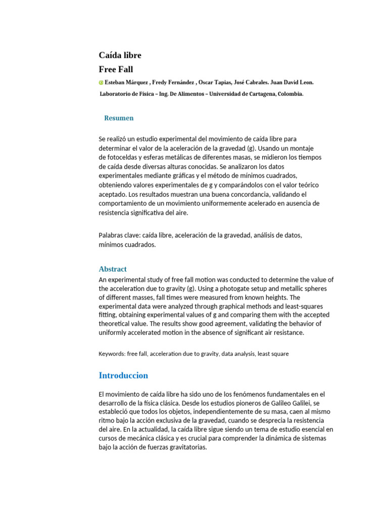 Trabajo Fisica Mecanica Laboratiorio Caida Libre Esteban Marquez | PDF | Medición | Gravedad