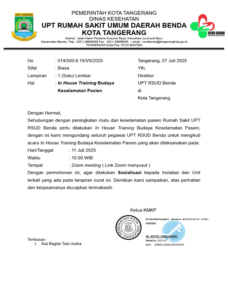Undangan In House Training Keselamatan Pasien | PDF