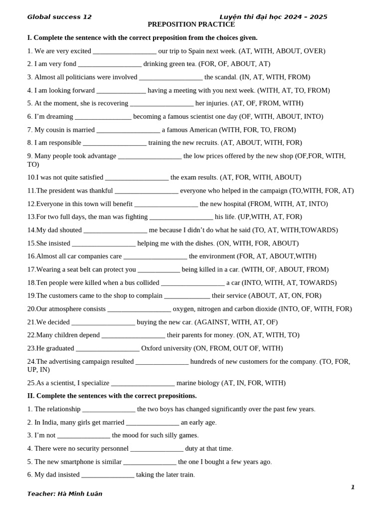 Chuyên Đề 4 - Preposition Practice | PDF