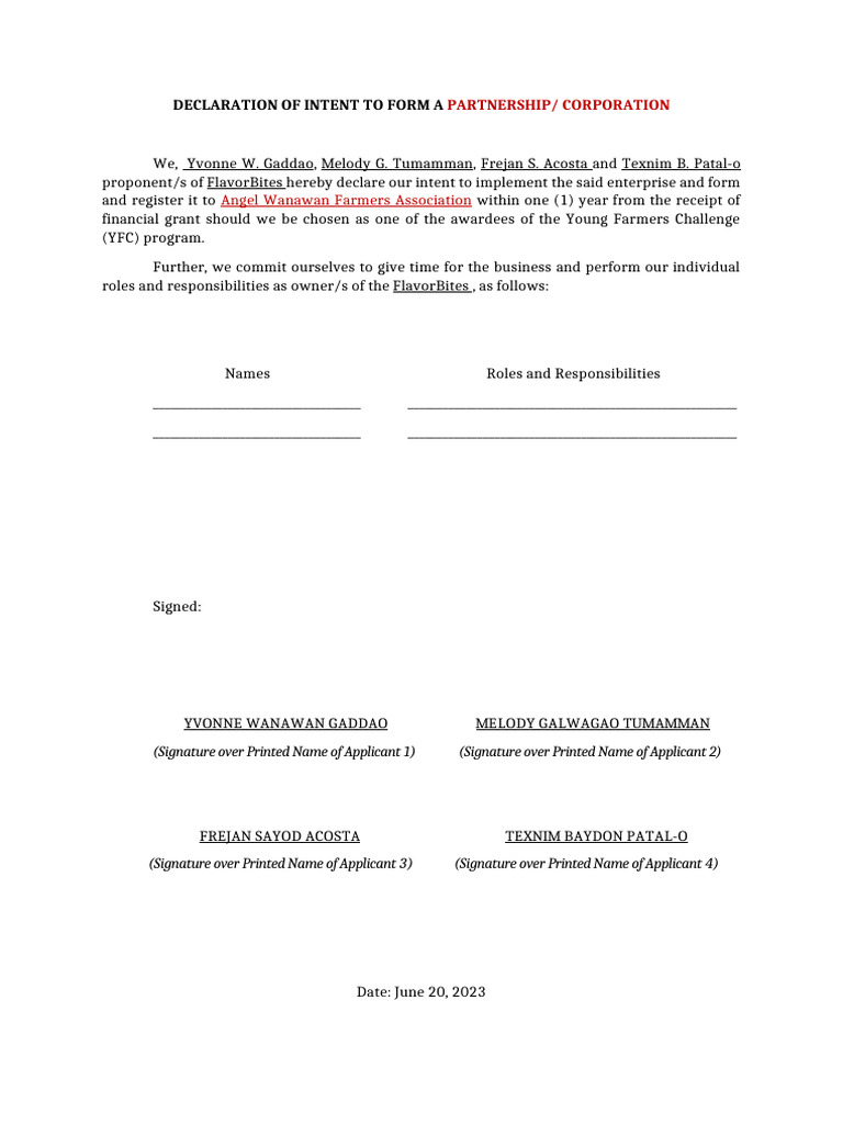 Sample Declaration of Intent | PDF