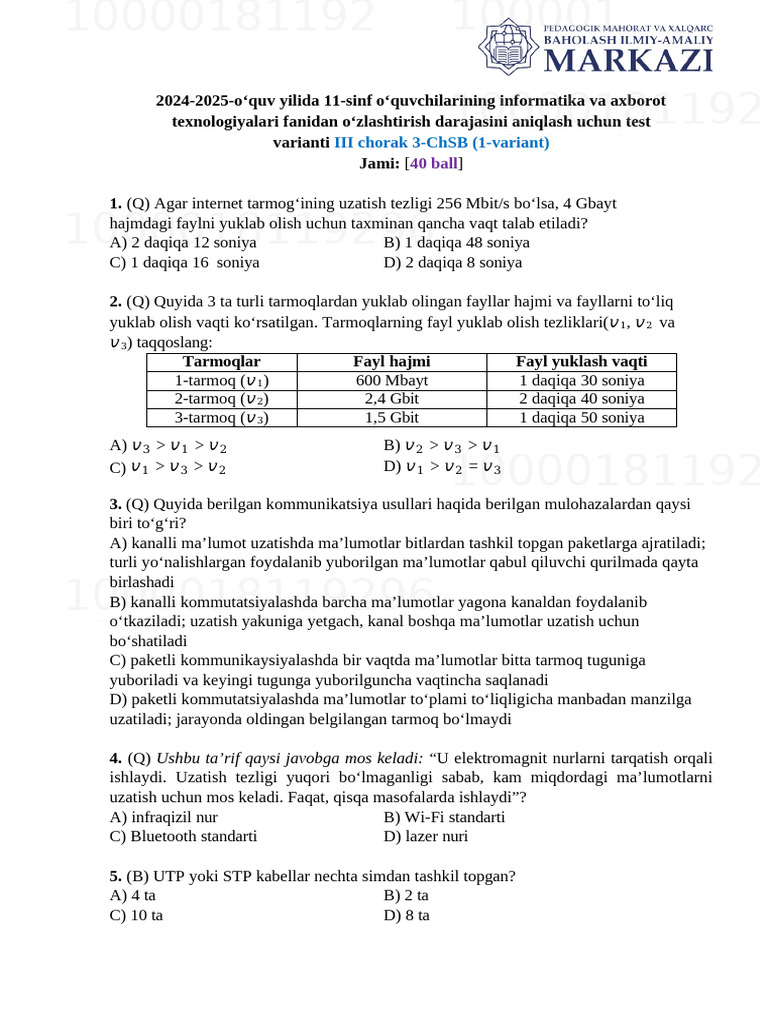 11-Sinf 3-ChSB 1-Variant 3-Chorak Uz | PDF