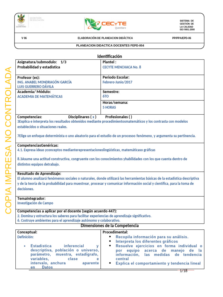 Planeación Didactica - Prob y Est | PDF | Estadísticas | Datos