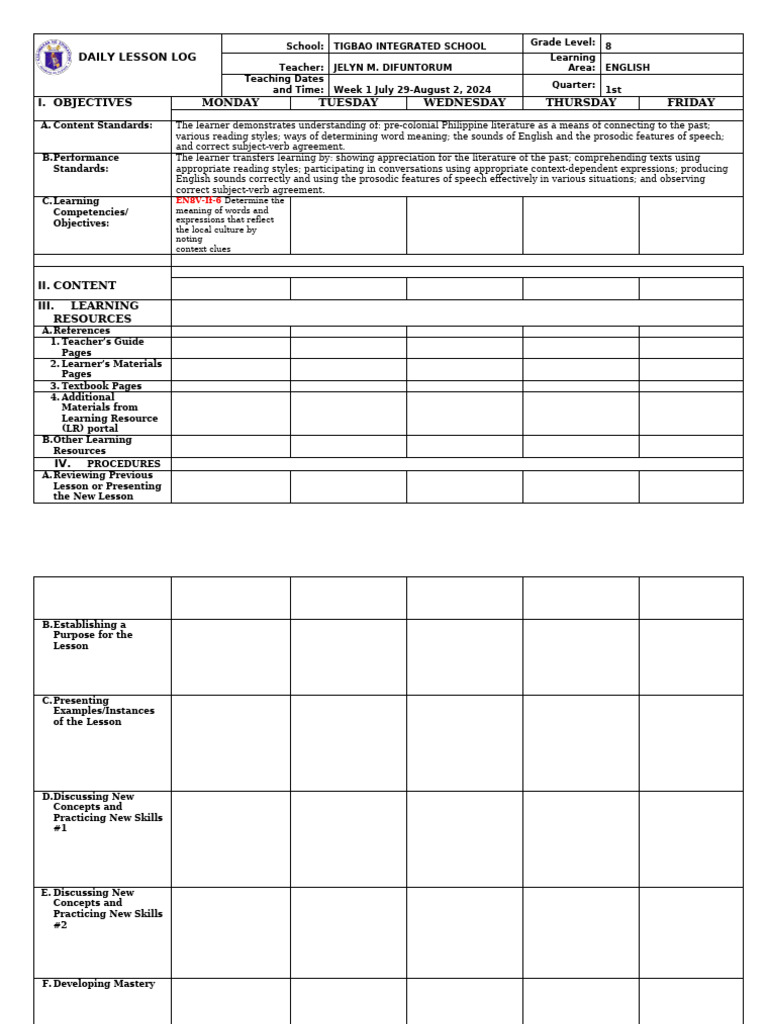 Daily Lesson Log Template | PDF | Learning | Teachers
