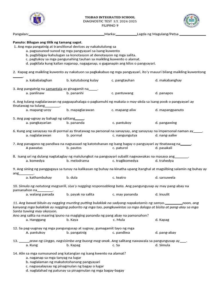 Diagnostic Test Filipino 9 Compress | PDF