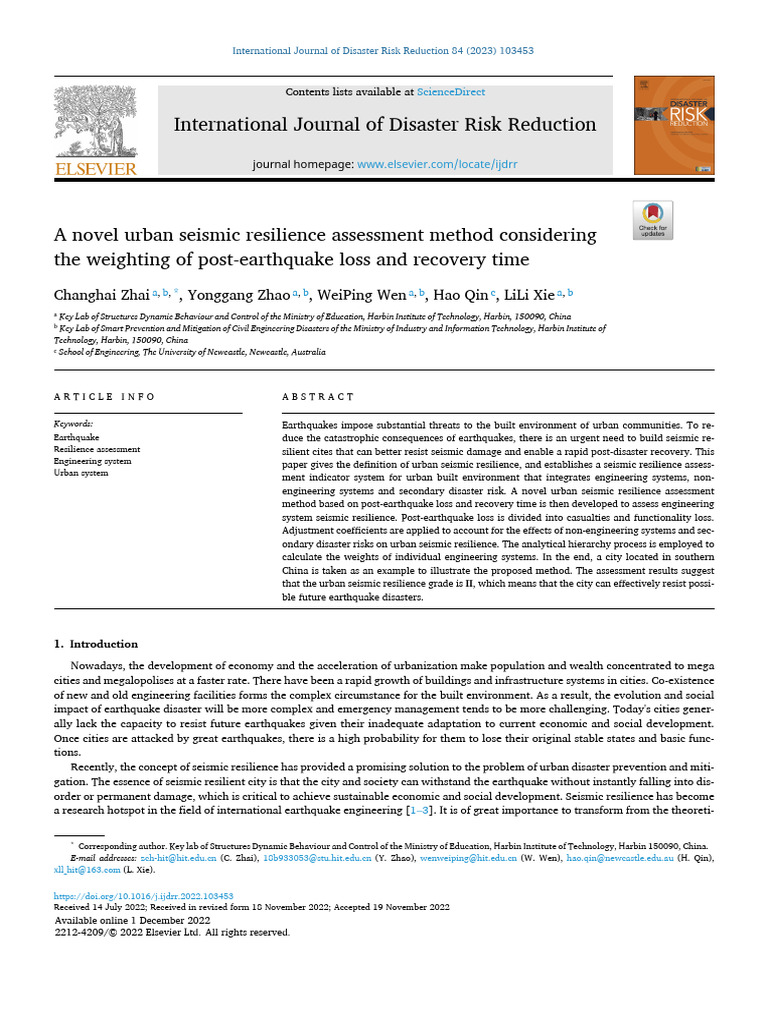 A Novel Urban Seismic Resilience Assessment Method Considering The Weighting of Post-Earthquake ...