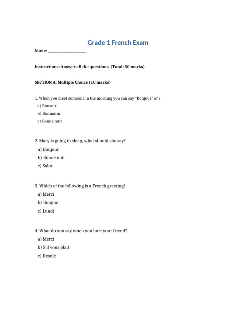 Grade 1 French Exam Structured | PDF