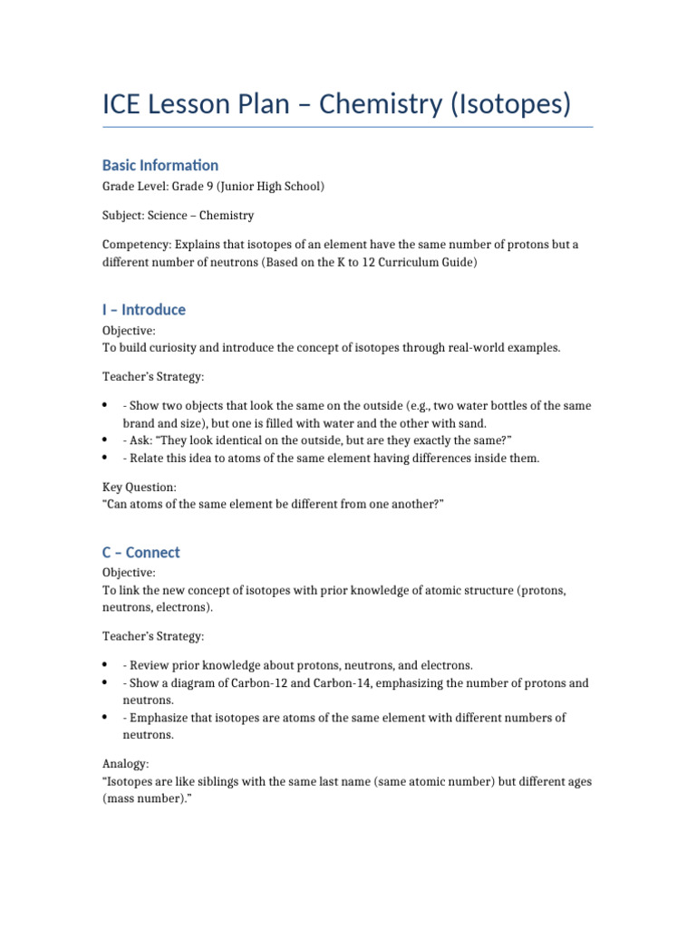 Lesson Plan in Radioisotopes For Chemistry 1 | PDF | Isotope ...
