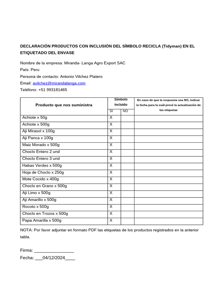 Declaración Proveedores Símbolo Recicla Tidyman | PDF